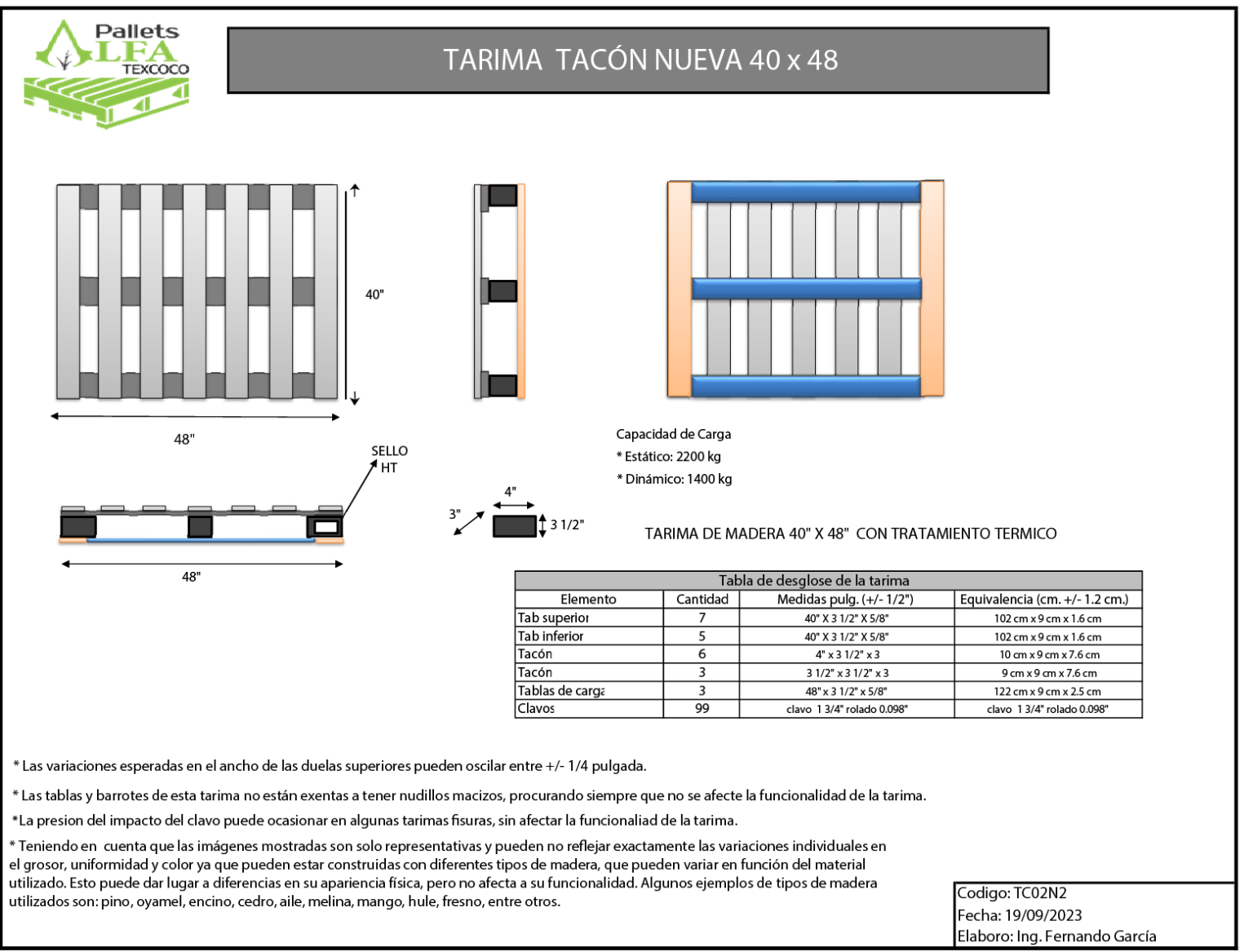 Tarima con Tacón Nueva 40x48 - Pallets Alfa Texcoco